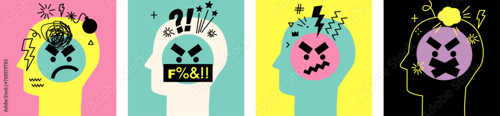 Negative thinking concept. Humans head silhouette with swearing emoji ...