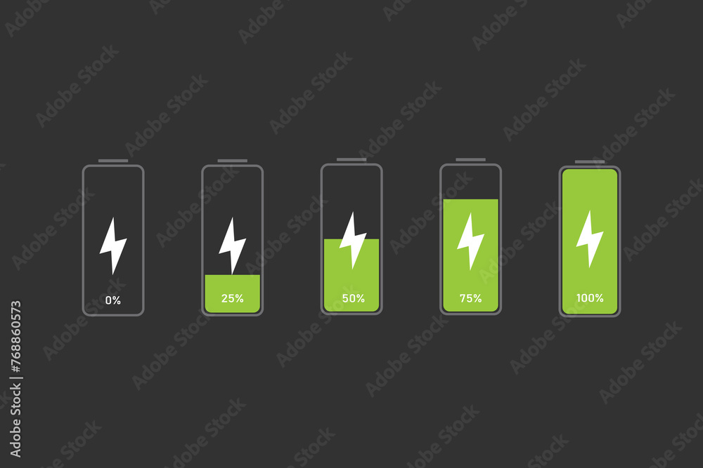 Set of battery charging indicators with lightning symbol and ...