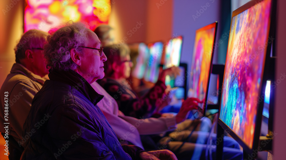 Retirees take digital art classes in a classroom with interactive ...