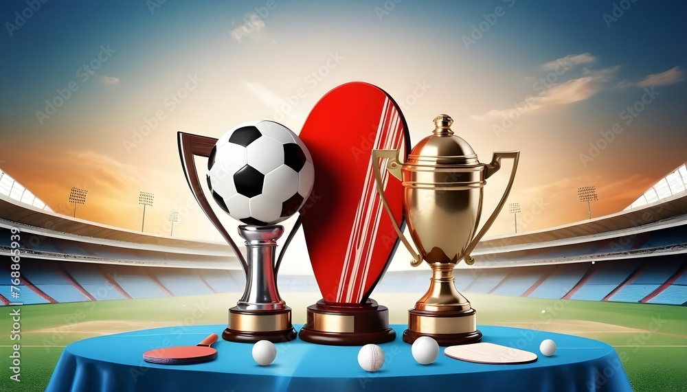 National sports day with realistic sports items including cricket bat ...