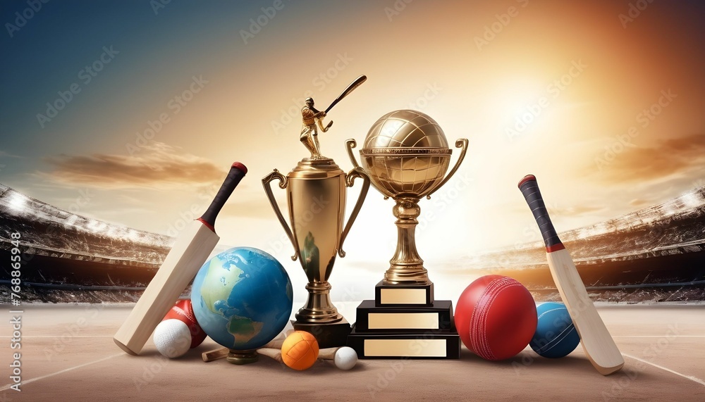 National sports day with realistic sports items including cricket bat ...
