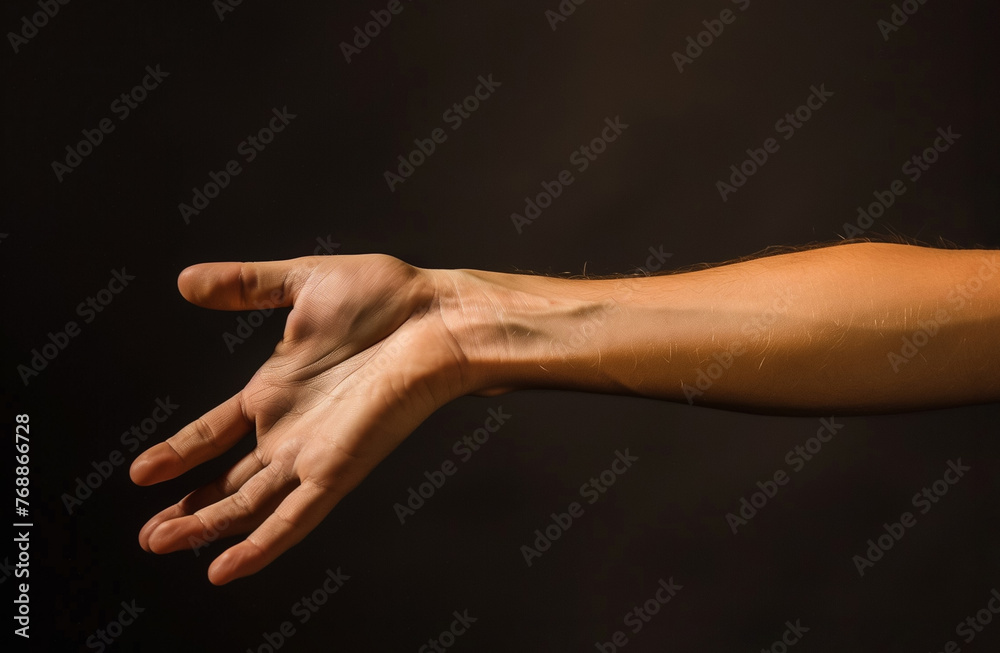 Open human right hand showing the wrist and forearm isolated on black ...