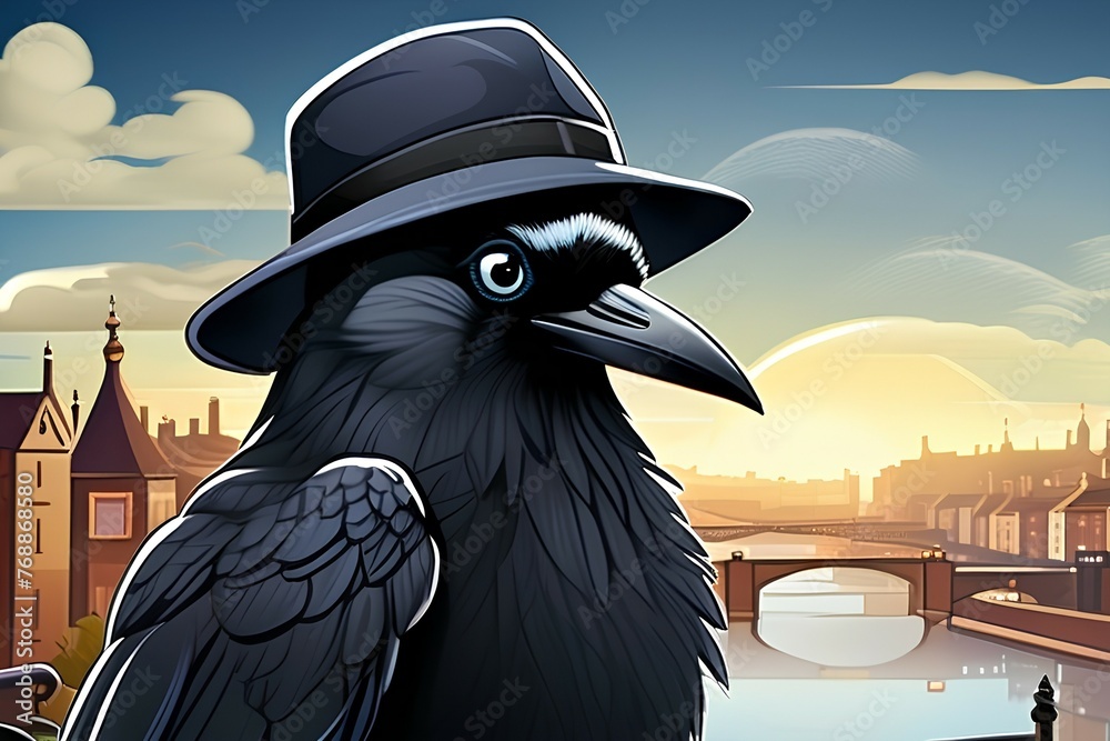A cartoon image of a crow wearing a detective hat with a cityscape ...