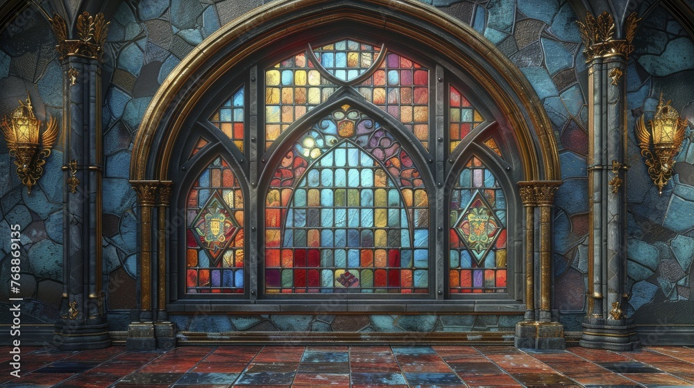 Illuminated Stained Glass middle space, border frame with Gothic ...