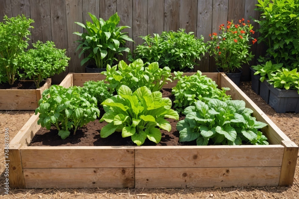 Raised bed homegrown vegetable garden in wooden planter boxes with ...