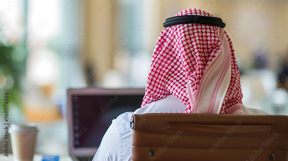 Arab man wearing Saudi bisht, front of laptop, looking at office window ...