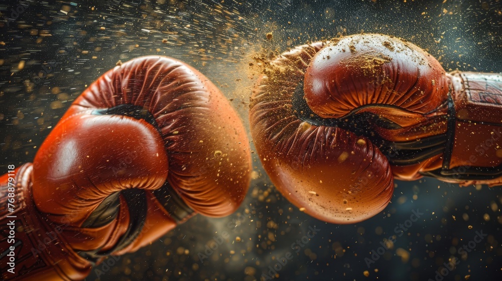 Close-up of boxing gloves colliding mid-air, depicting the explosive ...