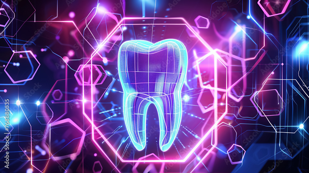 Tooth mockup with technology elements on glowing digital data and ...