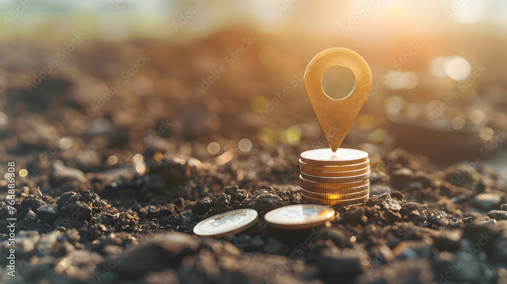 Pin icon and stack of coin on land area waiting to be sold, investing ...