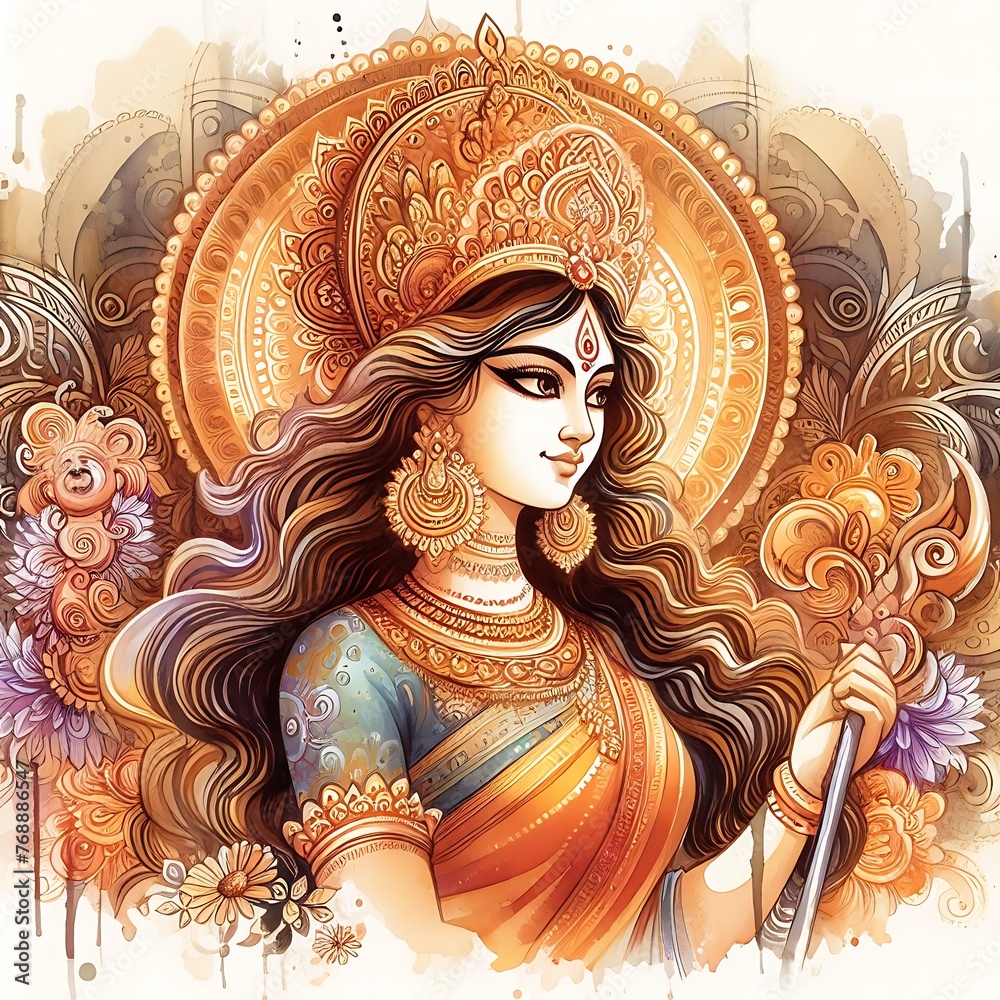 Chaitra Navratri Celebration: Watercolor Illustration Featuring Goddess ...