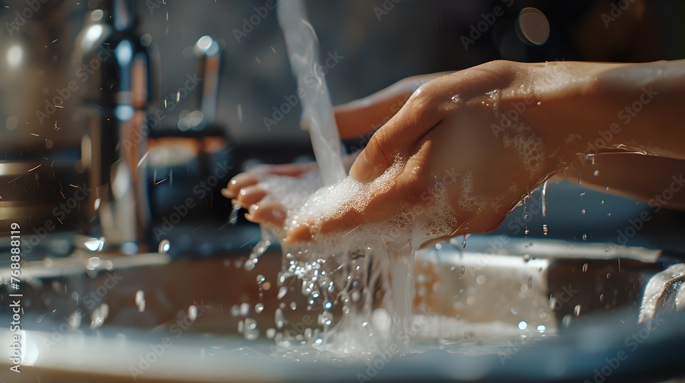 Close-up of hands being washed under a tap, health and hygiene focused ...