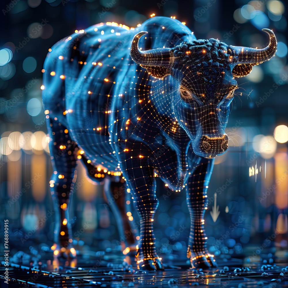 A striking representation of a bull outlined by neon blue circuitry ...