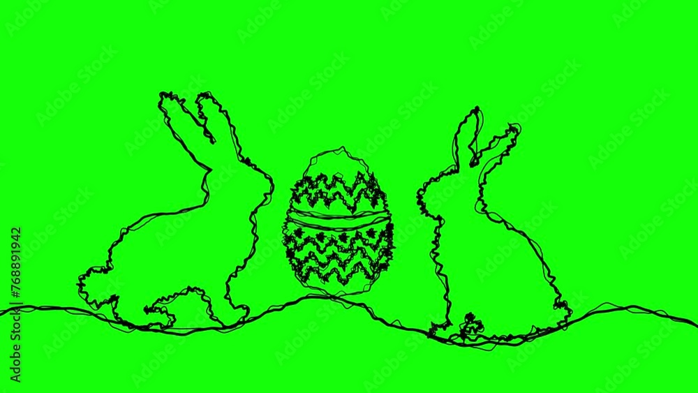 Easter egg and two bunnies doodle line animations in the loop, line art ...