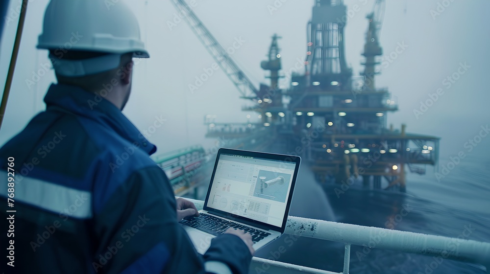 Engineer with laptop overseeing offshore oil drilling platform ...