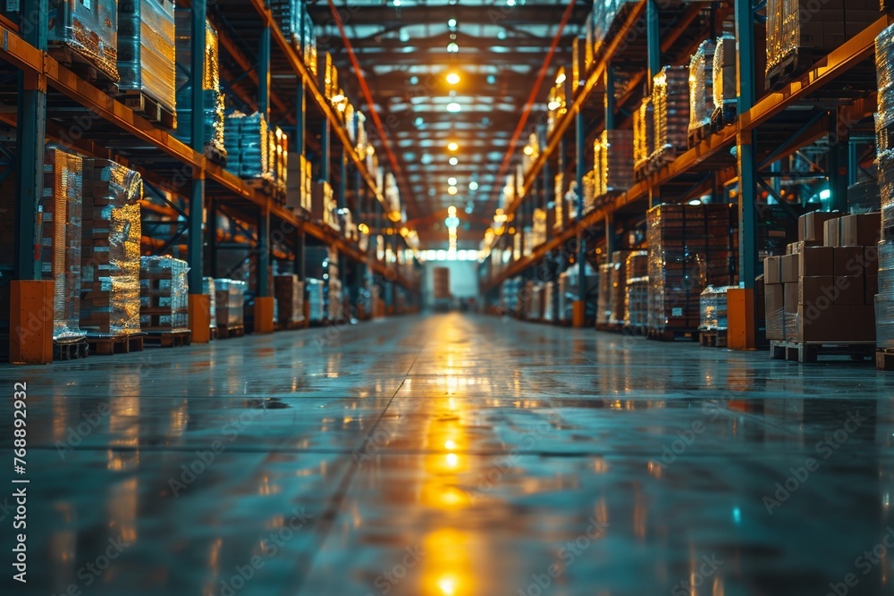 Inside a large industrial warehouse, racks and shelves store goods for ...