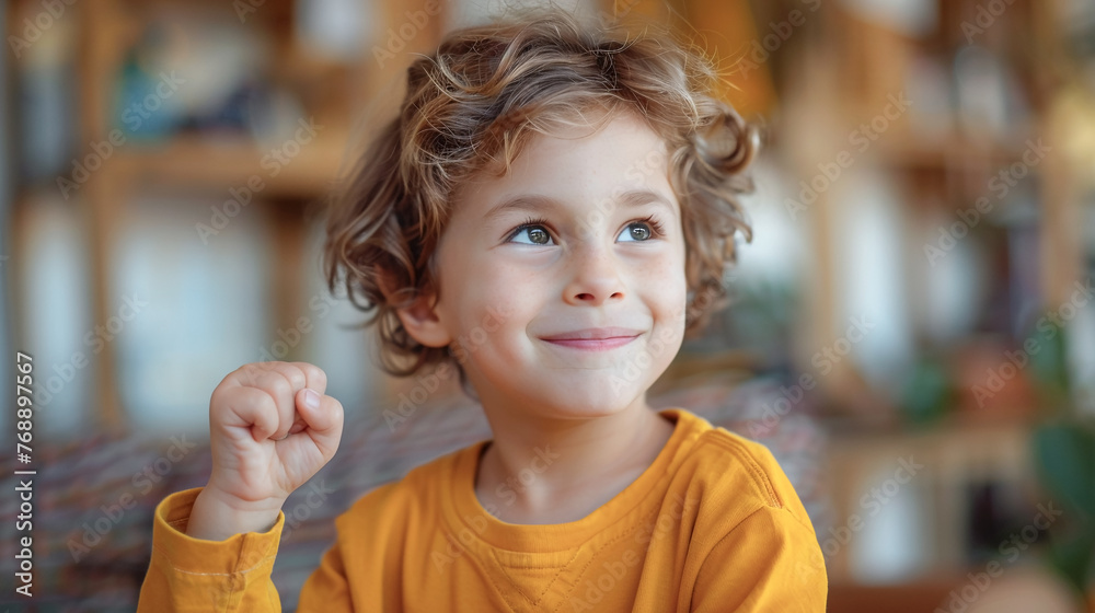 Happy kid with hearing disability studying sign language and learning ...