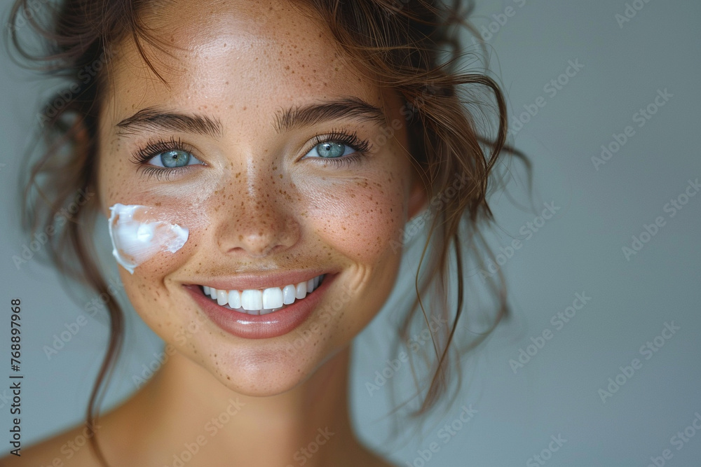 portrait of a beautiful tanned woman with freckles with spf cream on ...