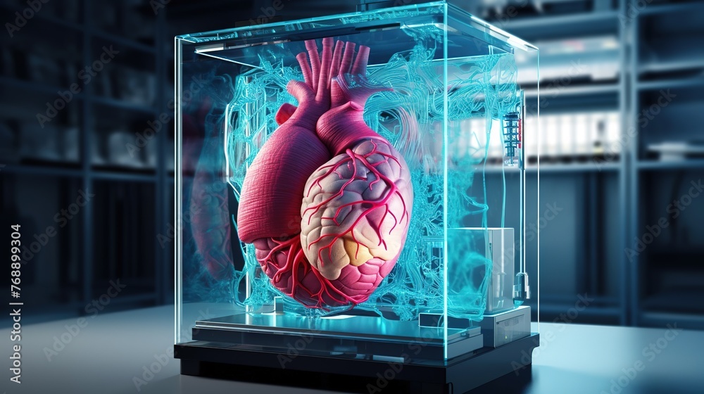 3d printer prints the model of hearton dark background. process of ...