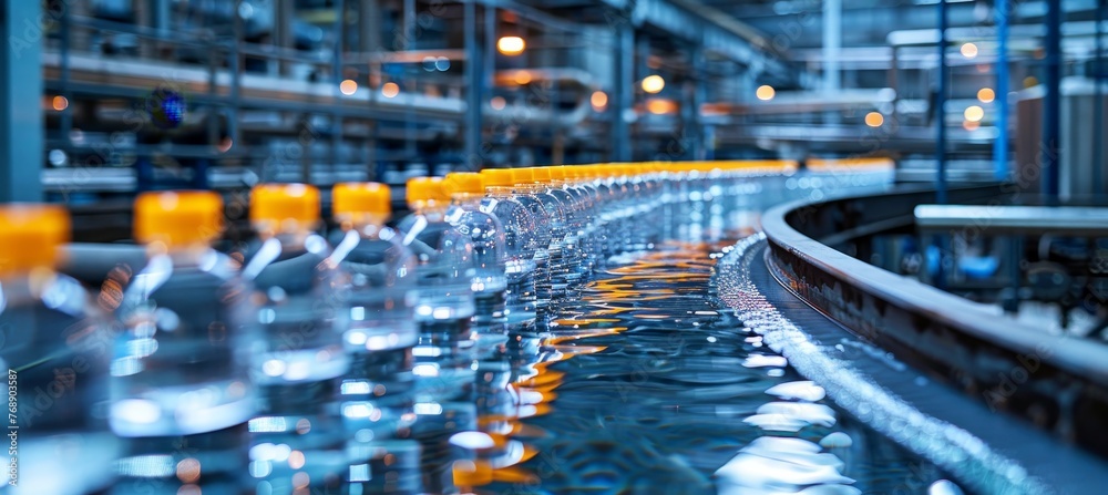Purified water bottling in hygienic plastic containers at modern ...