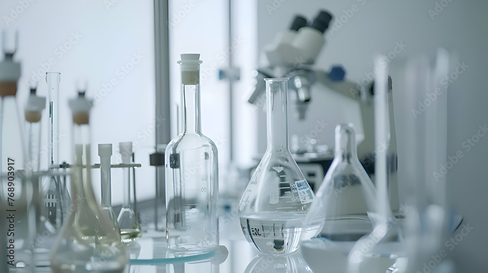 Tubes in laboratory with microscope, test tubes and liquid chemicals ...