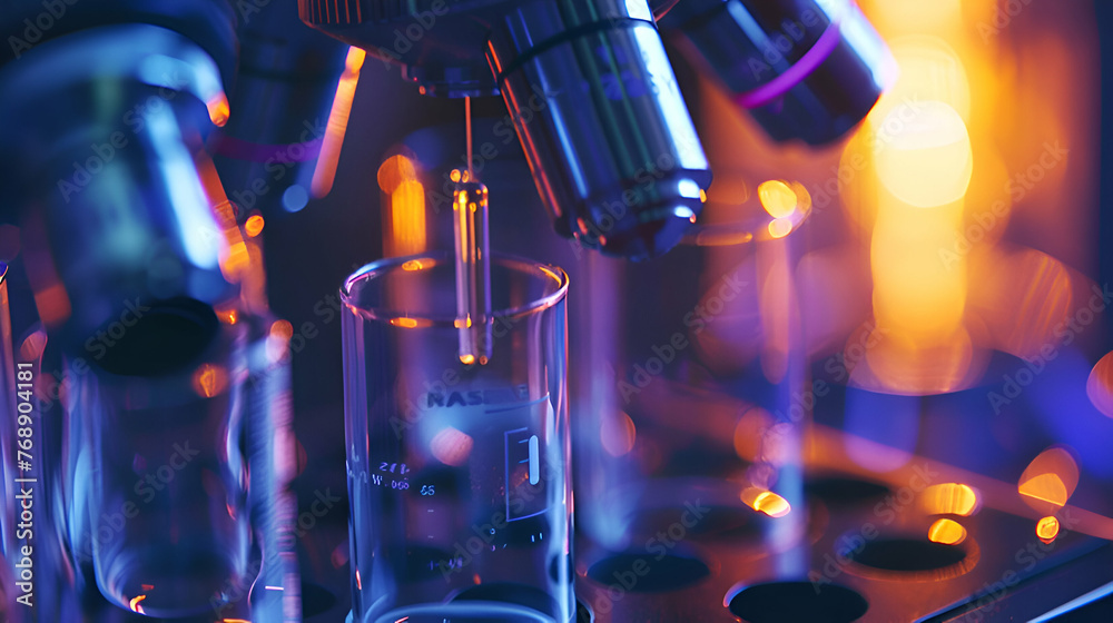 Tubes in laboratory with microscope, test tubes and liquid chemicals ...