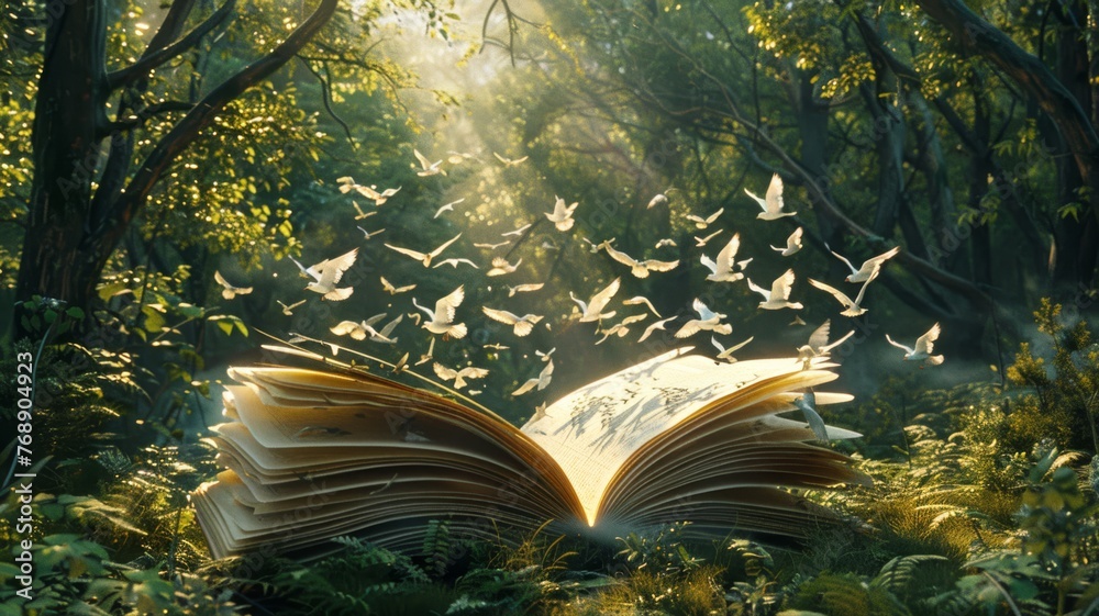 Book with pages transforming into flying birds in a forest Stock ...