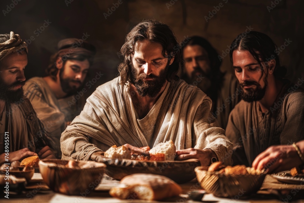 Jesus breaking bread at the last supper, foretelling his sacrifice for humanity Stock ...