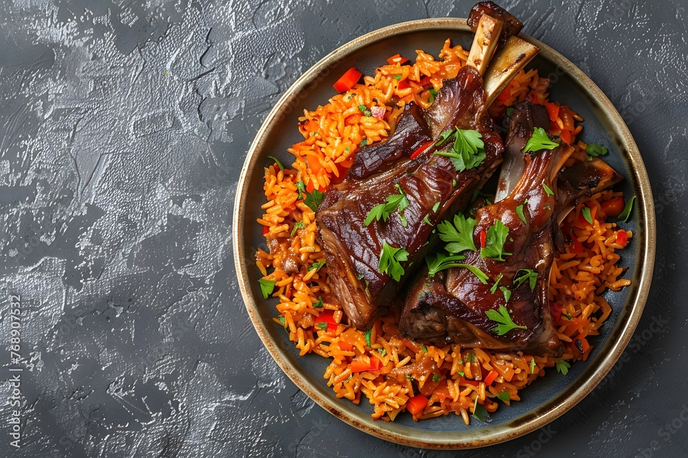Mandi Laham: Arabic Food with Mutton, Biryani Rice, Patterned ...