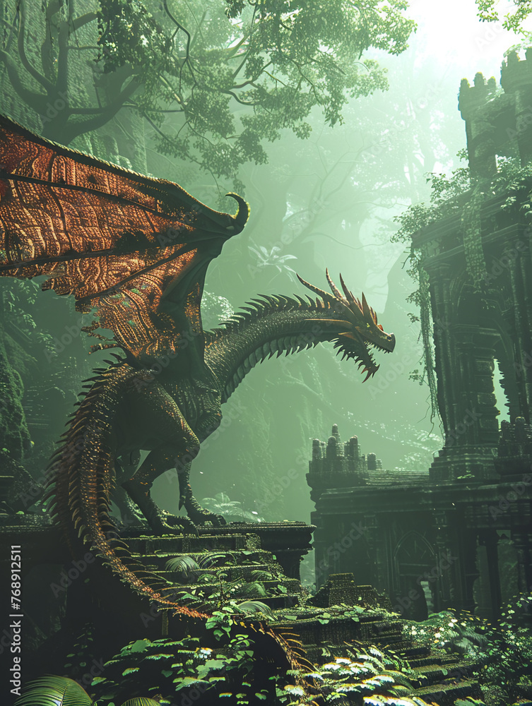 Dragon, scales, fierce mythical beast, wandering through ruins of an ...