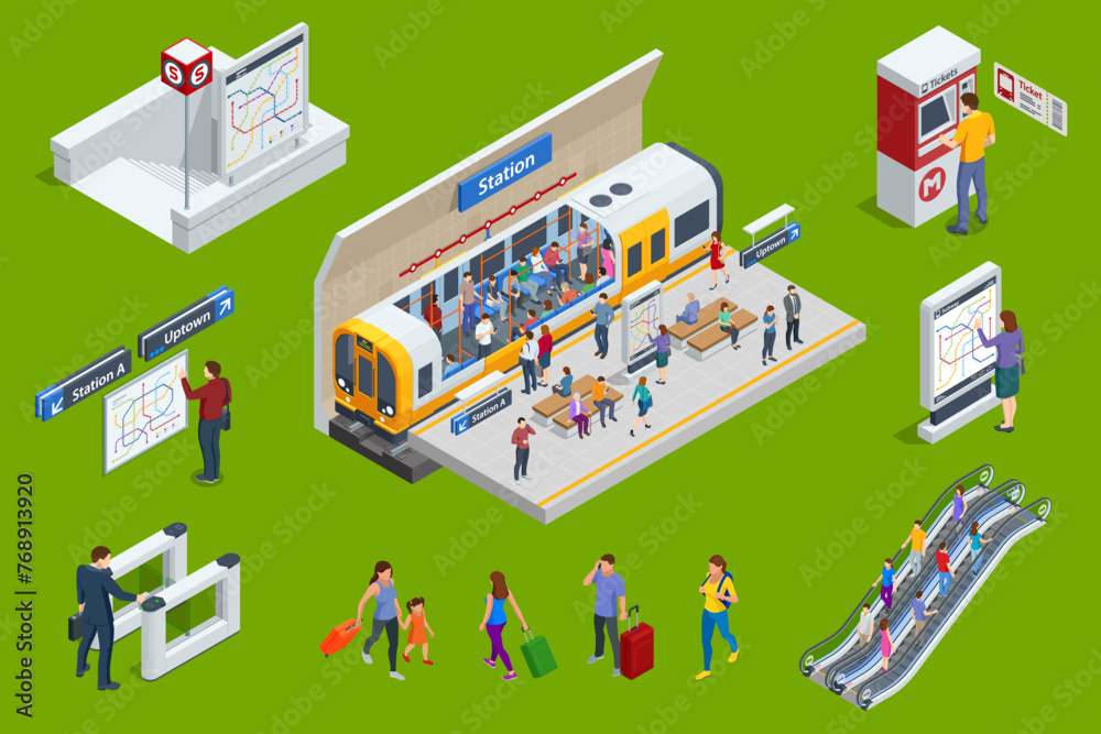 Isometric set Subway Elements. Turnstile ticket check, Enter to Metro ...