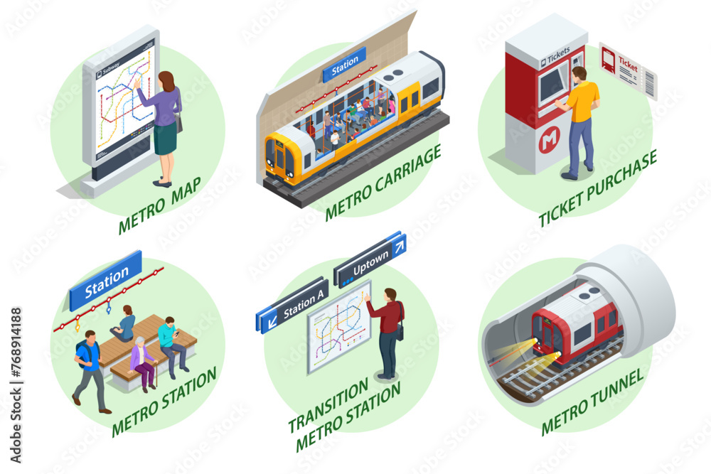 Isometric set Subway Elements. Turnstile ticket check, Enter to Metro ...