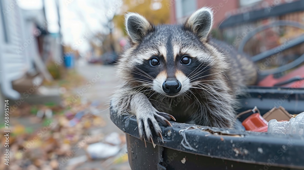 Capture the intricate details of a raccoon pawing through a trash can ...