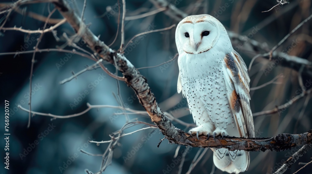 beautiful big white owl sit on the tree branch and look at camera Stock ...