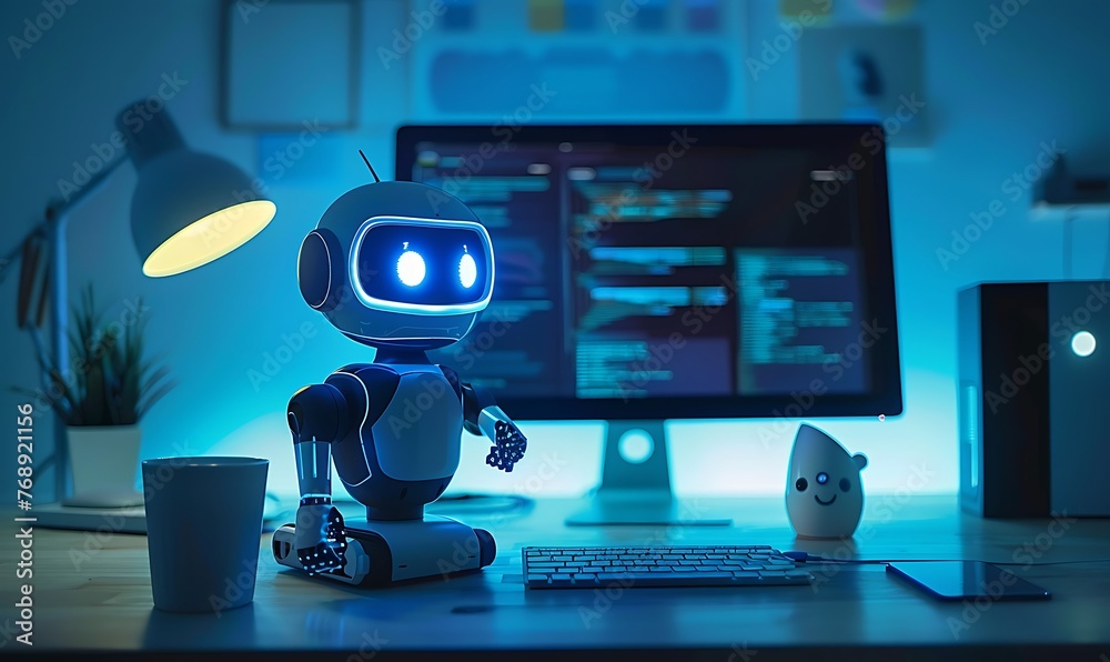 On the computer screen, an image of a chatbot is shown, symbolizing ...