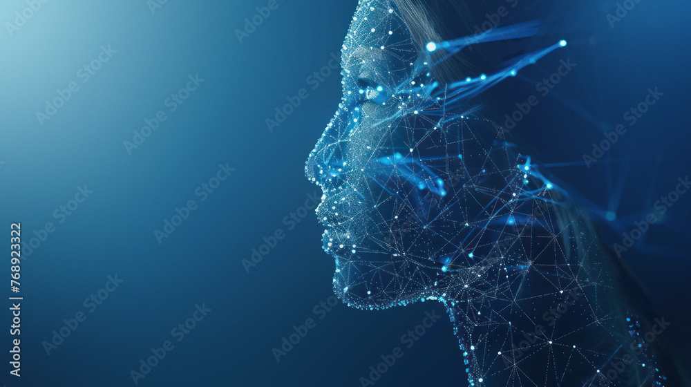 A side view of a human head profile with blue digital lines symbolizes ...