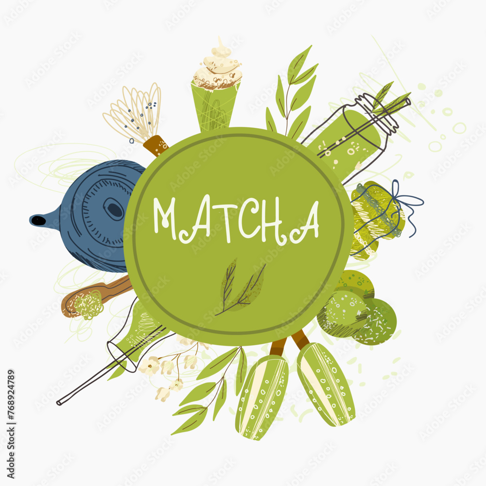 Matcha time. Vector doodle illustration of matcha tea products ...
