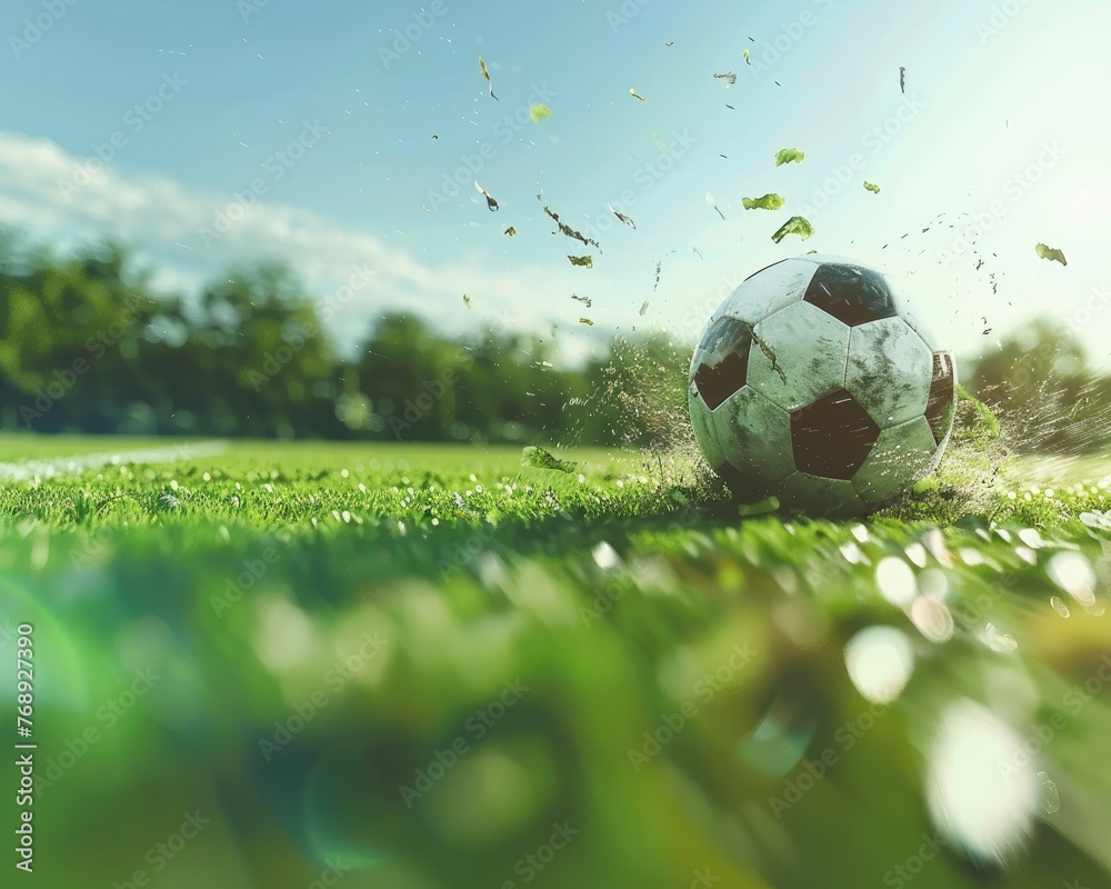 dynamic sports action shot with a focus on a soccer ball on a vivid ...