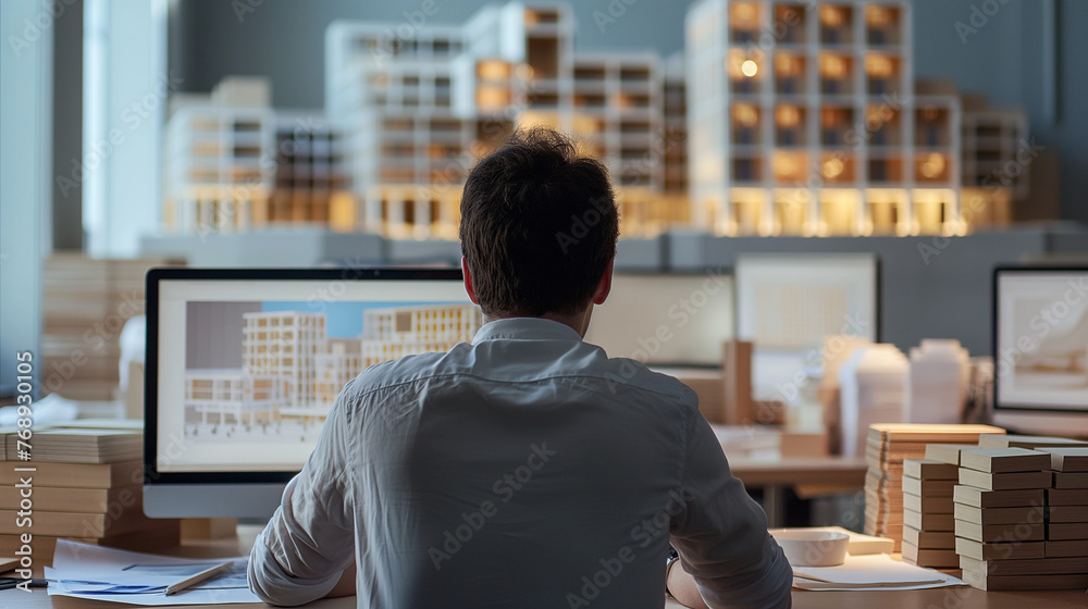 Back view of an architect examining architectural models and computer ...