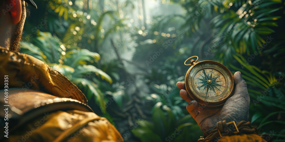 Lost Explorer Finding Direction in Dense Jungle Holding Compass Among ...