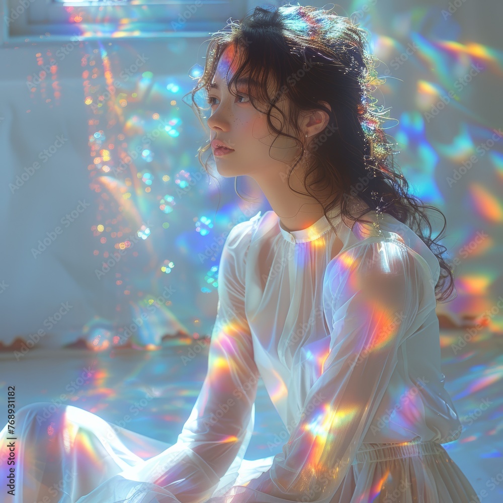 beautiful woman in holy dress costume under the shining of the cosmo ...