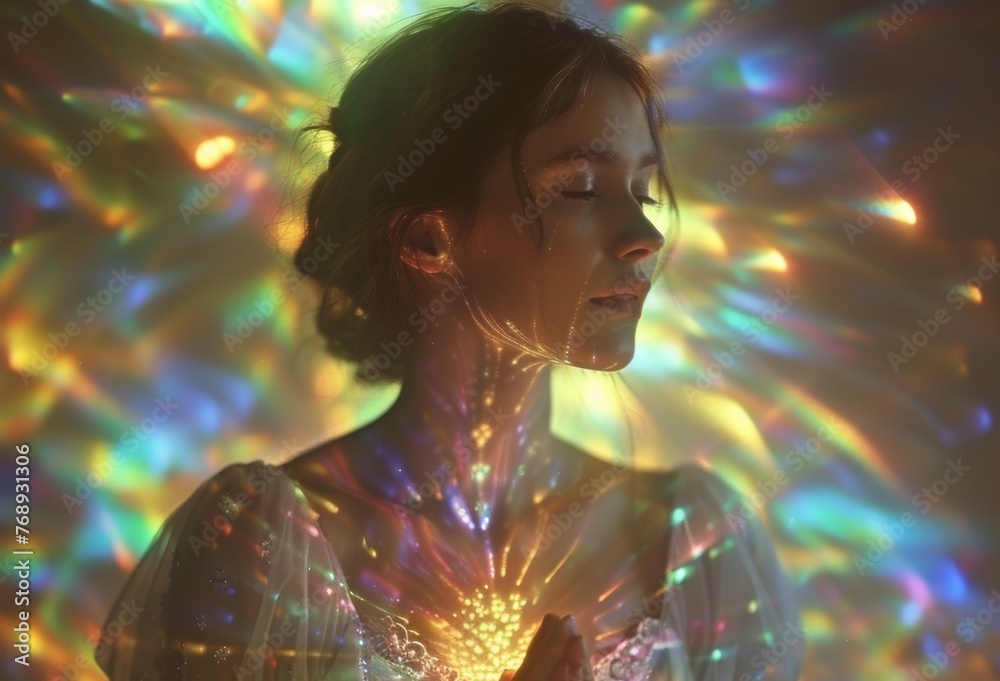 beautiful woman in holy dress costume under the shining of the cosmo ...