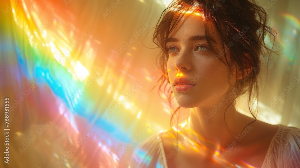 beautiful woman in holy dress costume under the shining of the cosmo ...