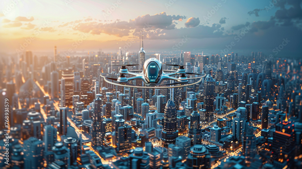 A futuristic 3D depiction of an unmanned aerial vehicle (UAV) hovering ...