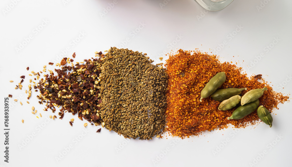 Various spice on isolated white background. Vibrant colors and rich ...
