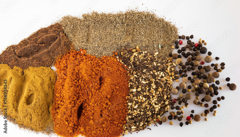Various spice on isolated white background. Vibrant colors and rich ...