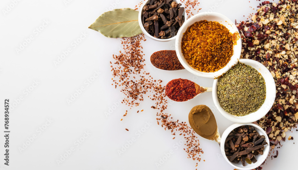 Various spice on isolated white background. Vibrant colors and rich ...