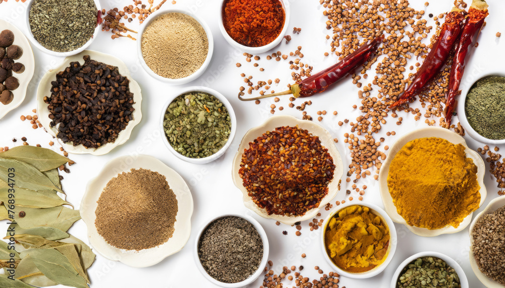 Various spice on isolated white background. Vibrant colors and rich ...