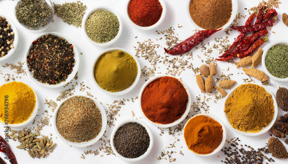 Various spice on isolated white background. Vibrant colors and rich ...