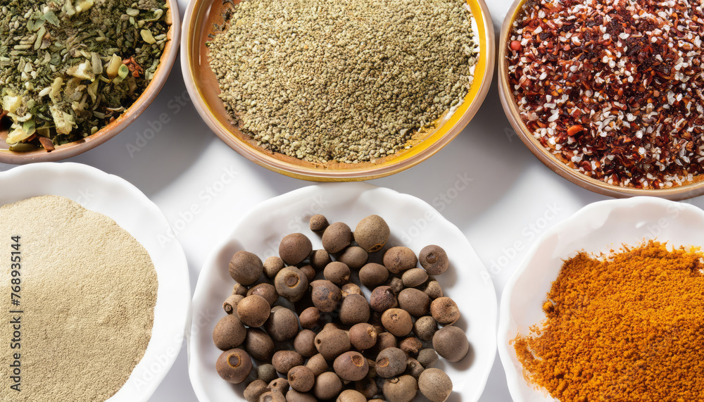 Various spice on isolated white background. Vibrant colors and rich ...
