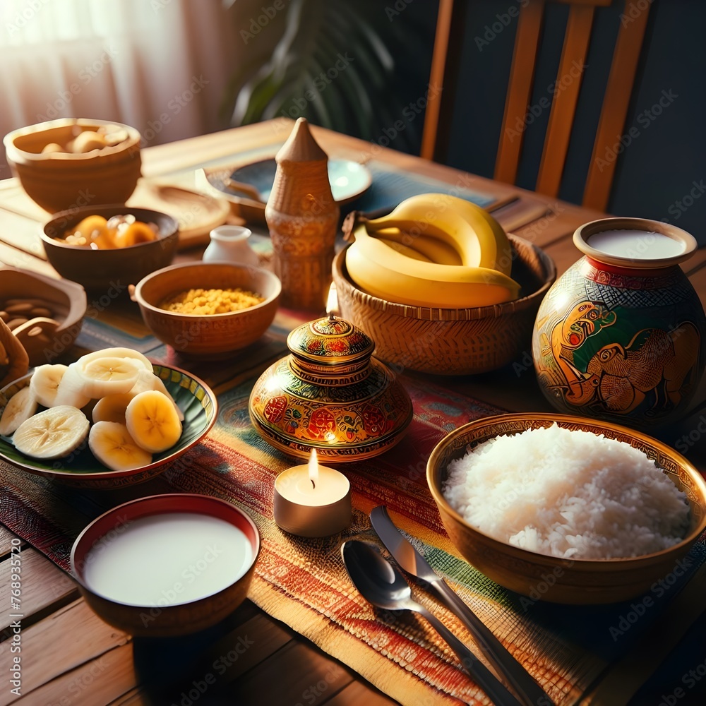 Traditional Sinhala New Year table with lamp, aluwa, milk rice, and ...